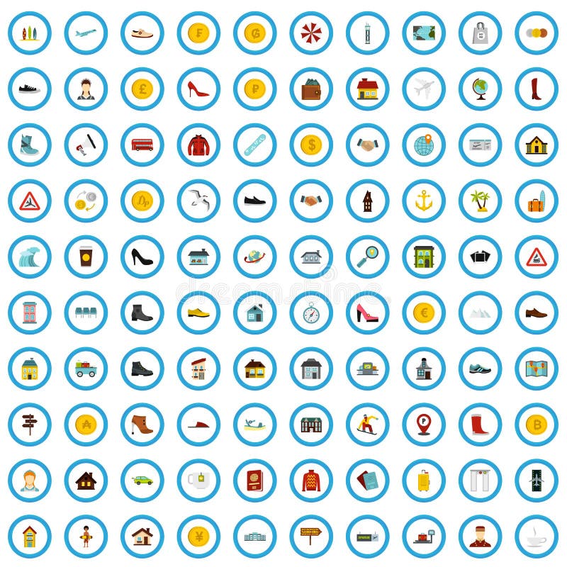 100 Tour Icons Set, Flat Style Stock Vector - Illustration of assistant ...