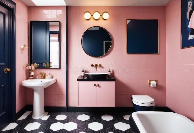 Tour of a Modern Pink Bathroom with Black Vanity and Round Mirror Stock ...