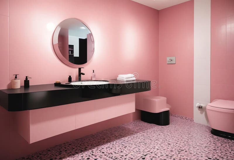 Tour of a Modern Pink Bathroom with Black Vanity and Round Mirror Stock ...