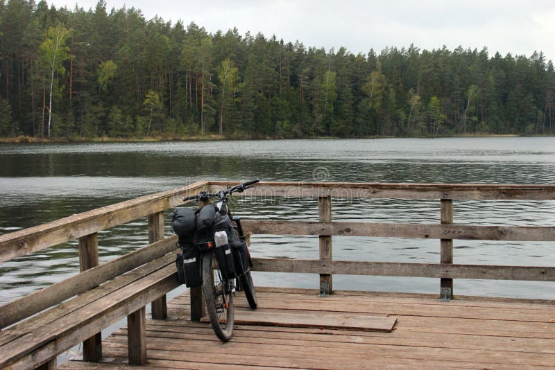 Touring Bicycle on a Riverside Wooden Platform Stock Image - Image of ...
