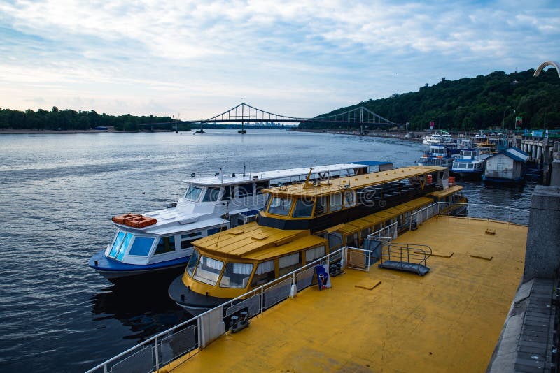 Tourism Boats in River Dock Bridge on Background Stock Image - Image of ...