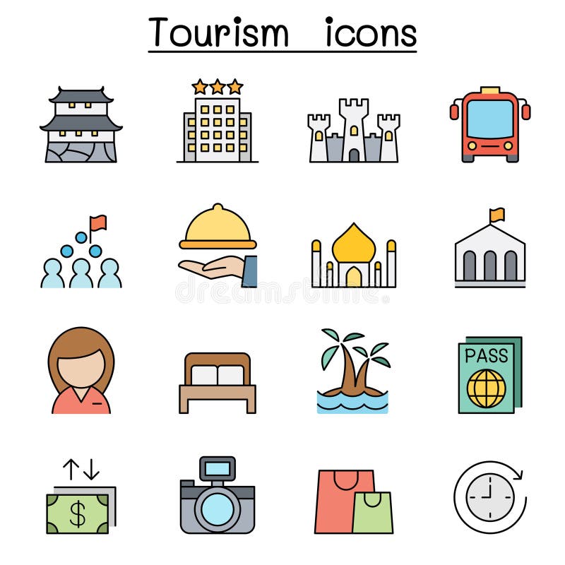 Tourism Color Line Icon Set Stock Vector - Illustration of tokyo, tour ...