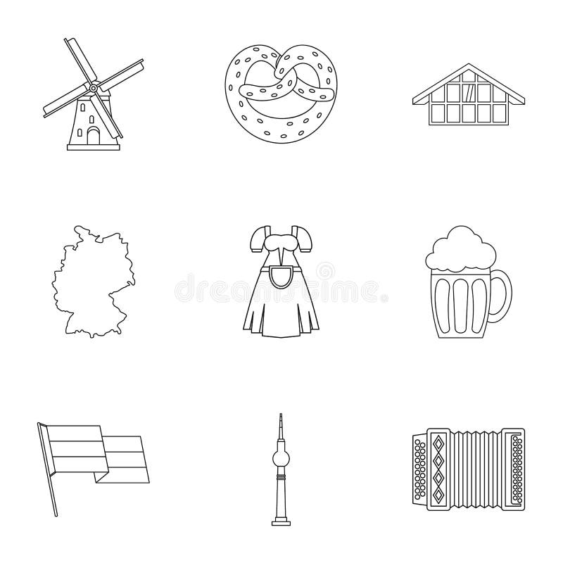 Tourism in Germany Icons Set, Outline Style Stock Vector - Illustration ...