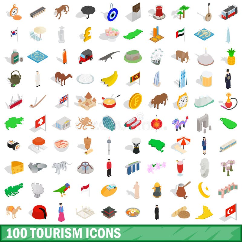 100 Tourism Icons Set, Isometric 3d Style Stock Vector - Illustration ...