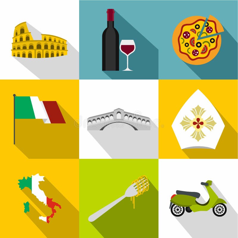 Tourism in Italy Icons Set, Flat Style Stock Vector - Illustration of ...