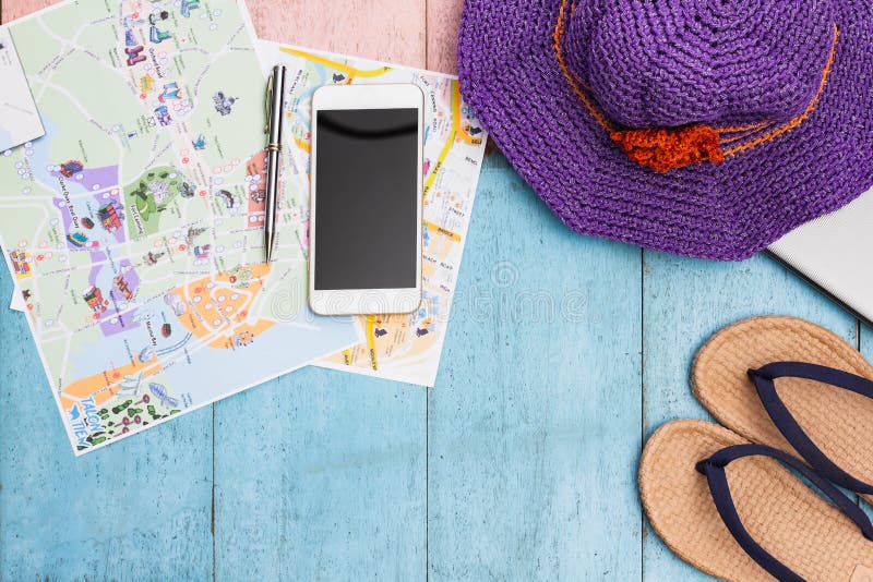 Tourism and Objects Concept - Close Up , Smartphone and Touristic Map ...