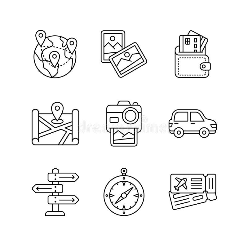Tourism and Travel Icon Set in Outline Line Style Stock Vector ...