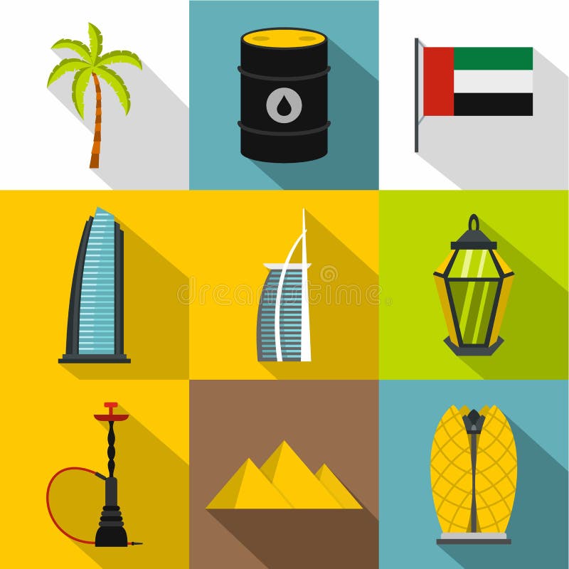 Tourism in UAE Icons Set, Flat Style Stock Vector - Illustration of ...