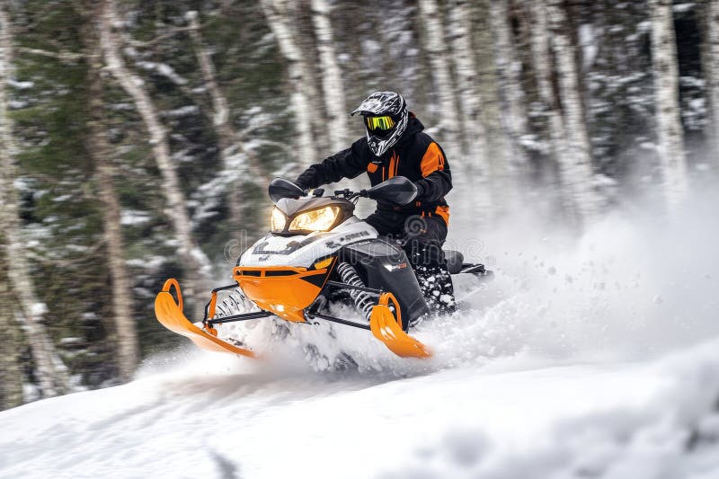A Tourist Accelerates on a Snowmobile, Navigating through a Densely ...