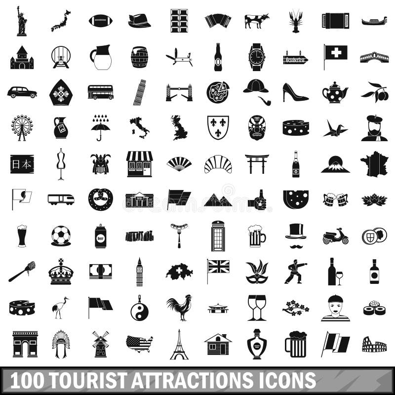 100 Tourist Attractions Icons Set, Simple Style Stock Vector ...