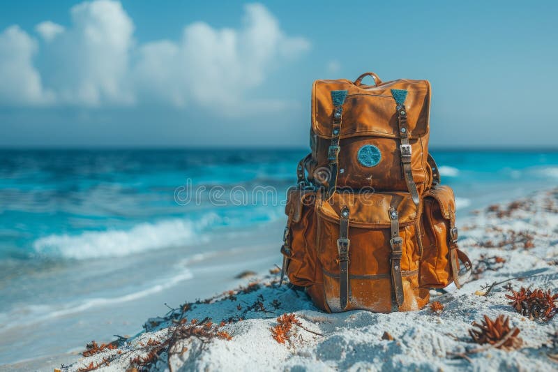 Orange Vintage Tourist Backpack on a Beach Stock Illustration ...