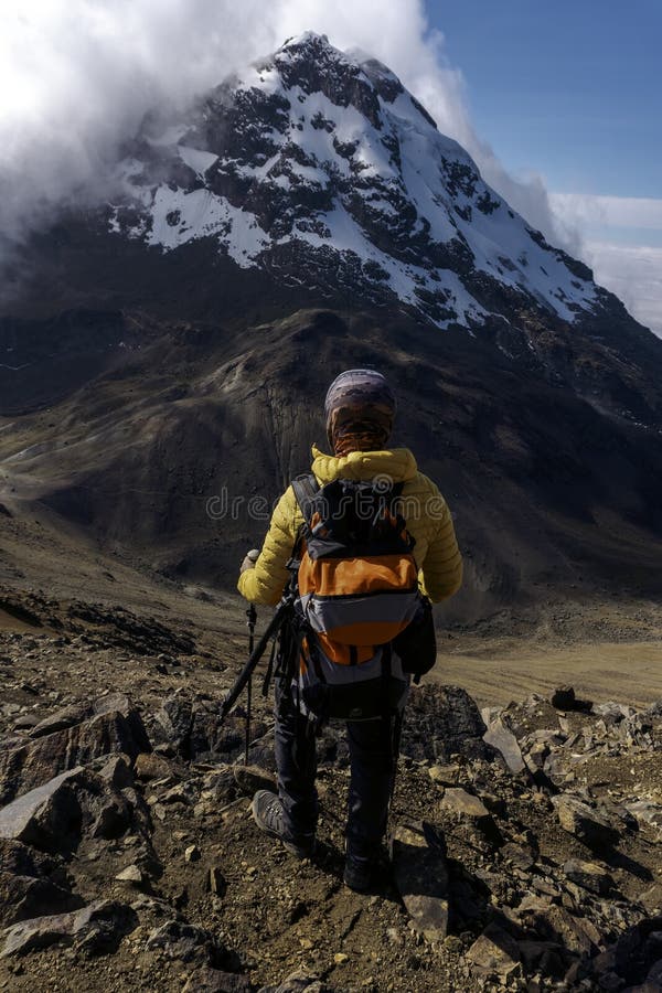 Tourist with a Backpack and Mountain Panorama Stock Photo - Image of ...