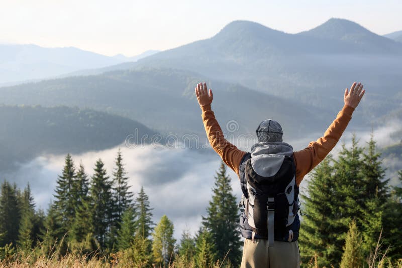 Tourist with Backpack in Mountains on Sunny Day, Back View. Space for ...