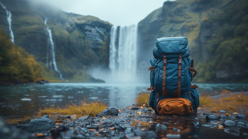 Tourist Backpack Near a Waterfall in the Forest Stock Illustration ...