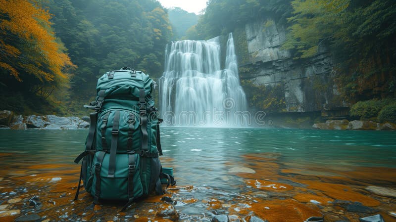 Tourist Backpack Near a Waterfall in the Forest Stock Illustration ...