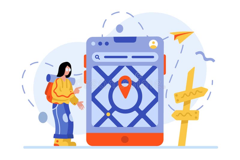 Tourist with Backpack Using Online Map on Gadget. Traveler Searching ... Tourist with Backpack Using Online Map on Gadget. Traveler Searching ...
