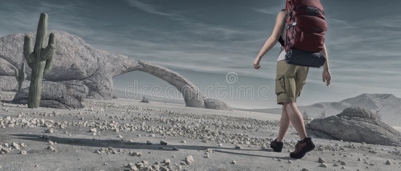Tourist Backpacking through Desert. Stock Illustration - Illustration ...