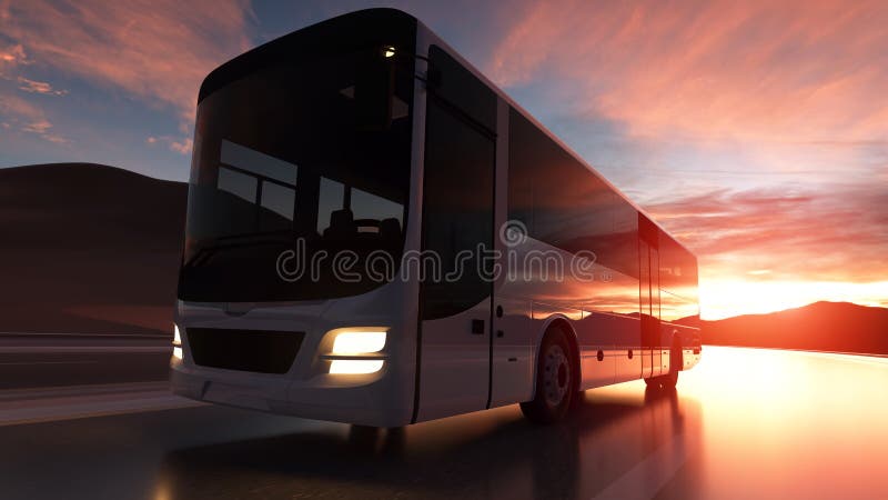 Tourist Bus Driving on a Highway at Sunset Backlit by a Bright Orange ...