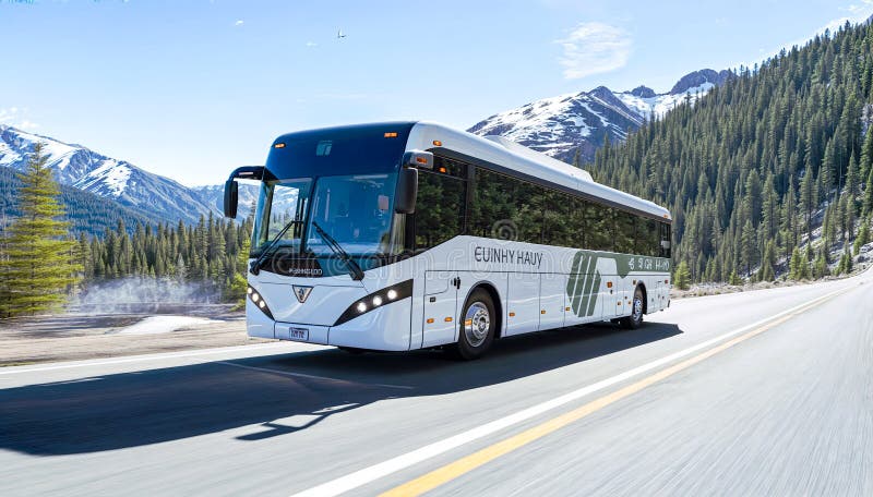 Tourist Bus on the Highway of Forest and Mountains Stock Illustration ...