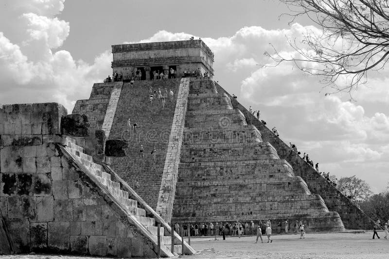 Tourist Climbing Main Pyramid in Chichen Itza, Mexico Stock Photo ...