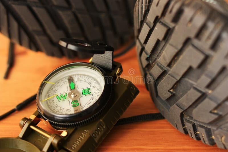 Tourist Compass and Old Trekking Boots Stock Photo - Image of combat ...