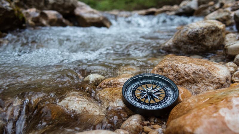 Tourist Compass Resting on Rocks Near a Flowing River Stock ...