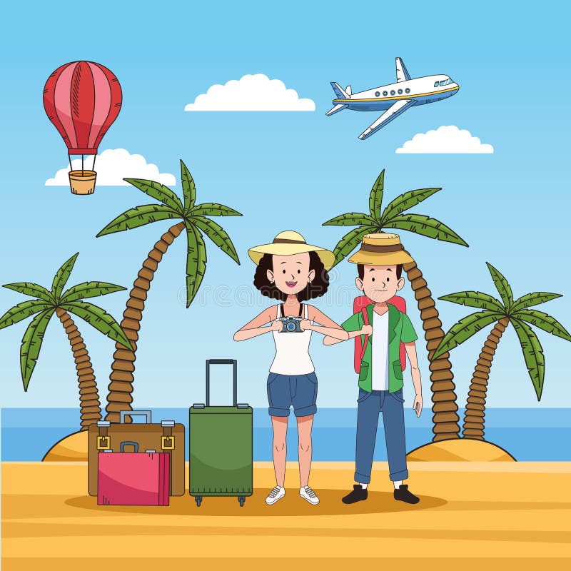 Tourist Couple on the Beach with Suitcases Stock Vector - Illustration ...