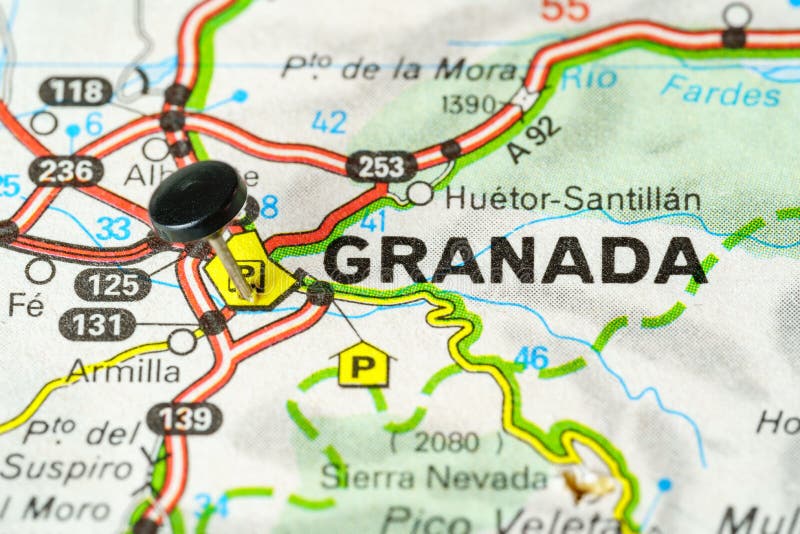 Tourist Destination of Granada with a Pin on a Map, Macro Photo. Stock ...
