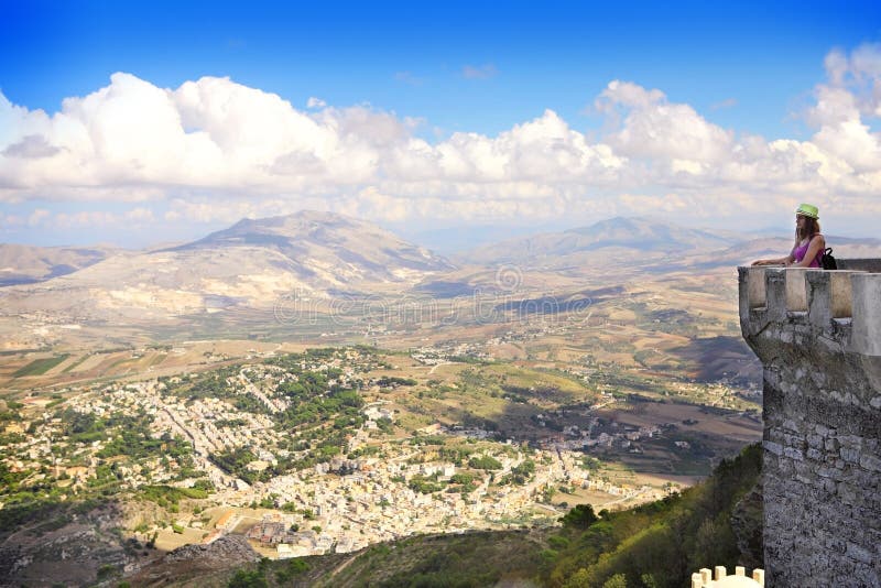 Tourist at Erice mountain stock photo. Image of fort - 65996886