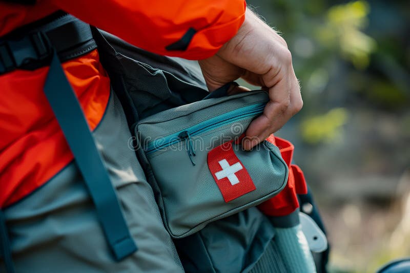 A Tourist with a First Aid Kit, a Man Pulls Out a First Aid Kit from a ...