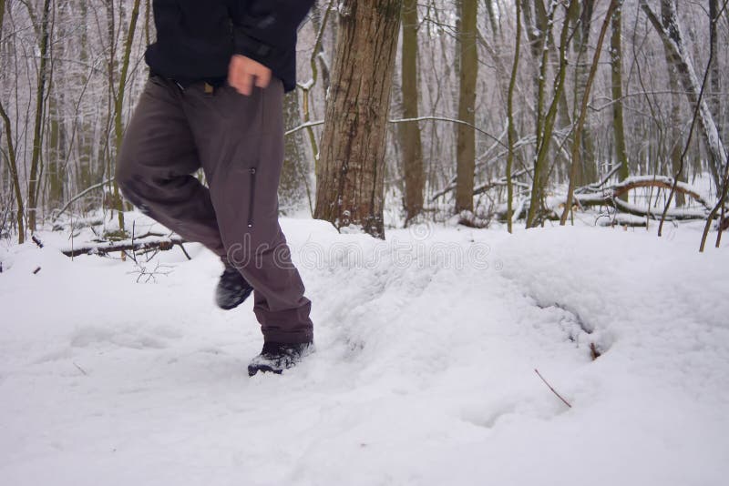 Tourist Jumps Over a Log in the Winter Forest Stock Photo - Image of ...