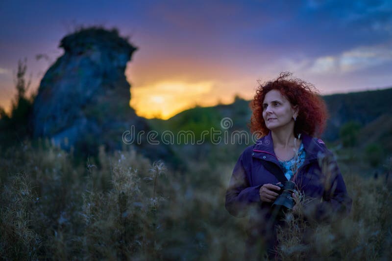 Tourist Lady with Camera at Sunset Stock Image - Image of active, hike ...