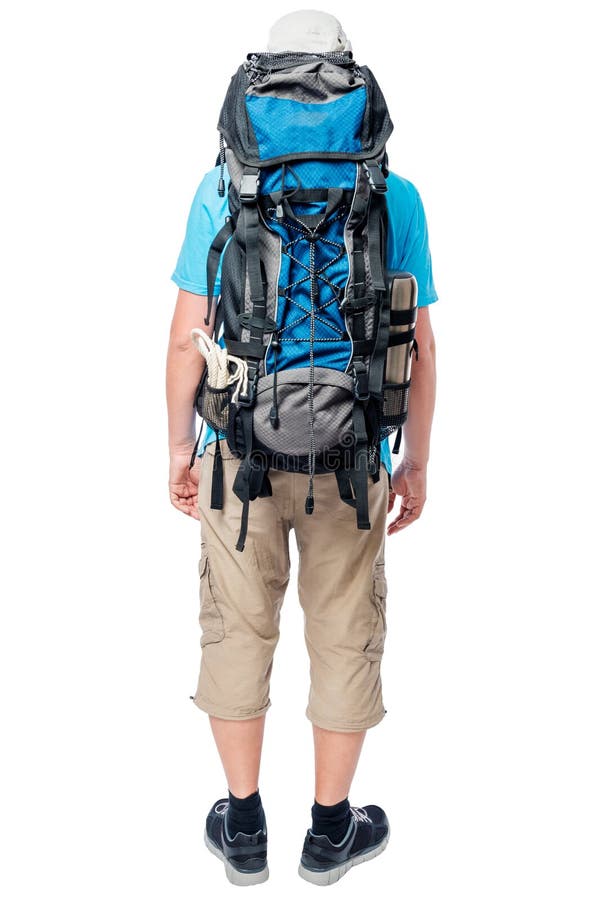Tourist with a Large Backpack View from Behind on a White Stock Photo ...