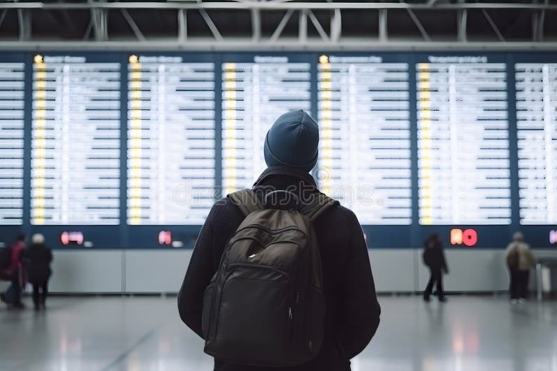 Tourist Man Looking at Flight Schedules for Checking Take Off Time ...