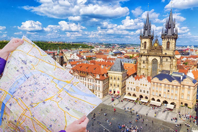 Tourist Map of Prague Against the Background of the Old Town Square in ...
