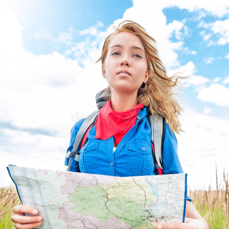 Tourist with Map in Summer Field. Stock Photo - Image of landscape ...