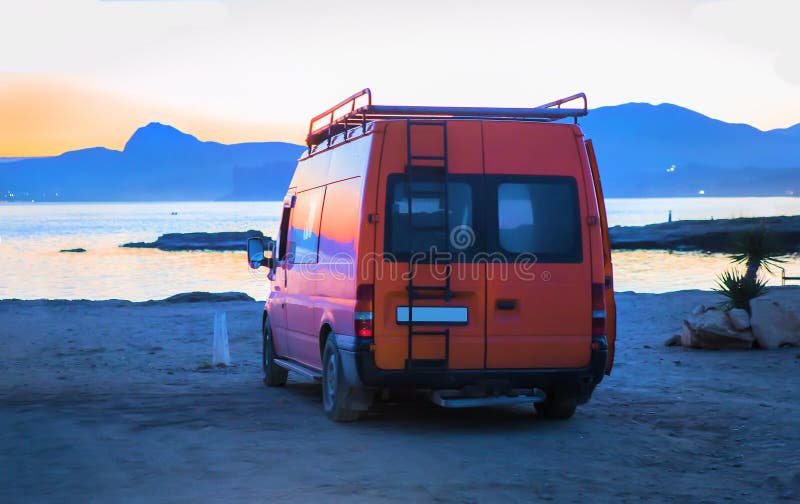 Tourist Minibus on the Sandy Seashore Stock Photo - Image of shiny ...