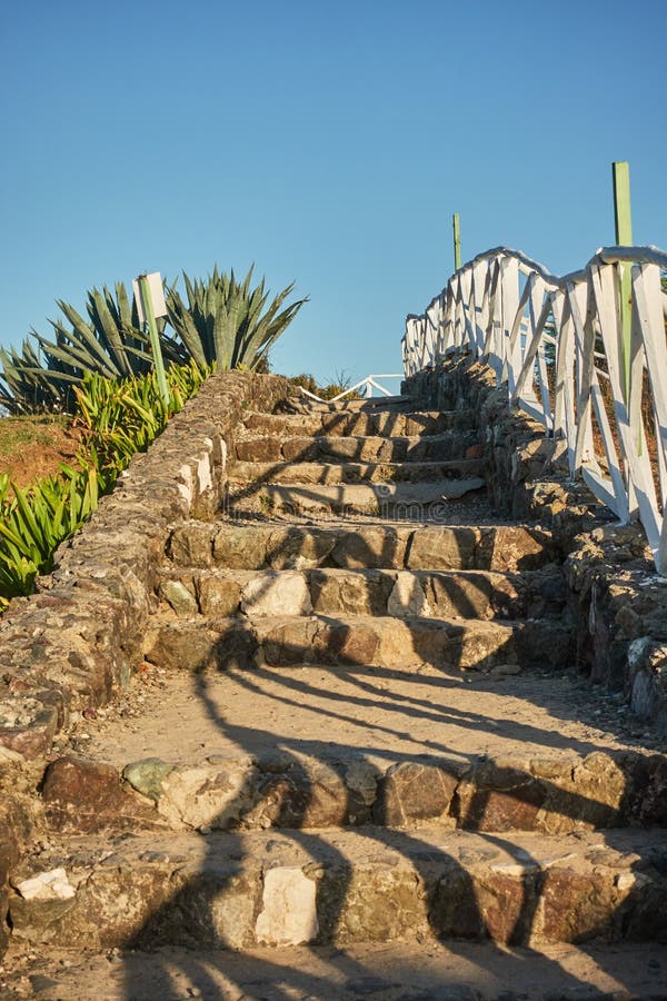 Tourist Path with Steps and White Fence Leading Up Stock Image - Image ...