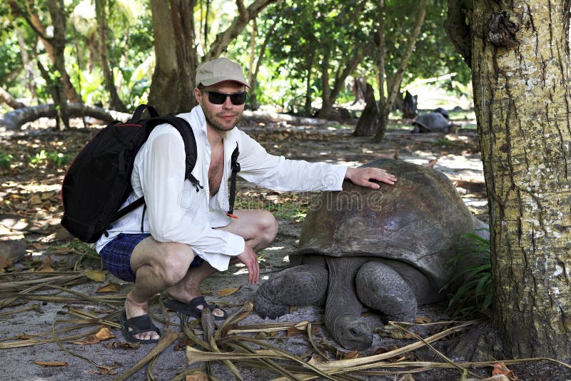 Tourist Petting a Giant Tortoise. Seychelles. Stock Photo - Image of ...