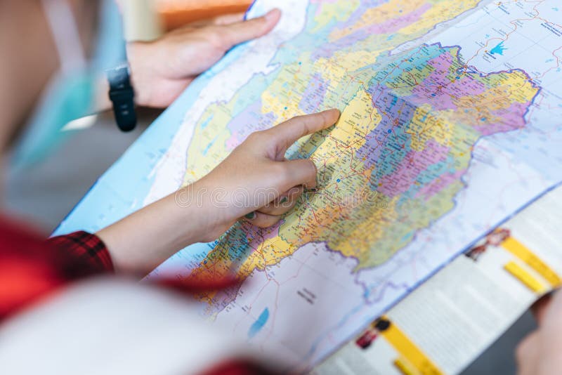 The Tourist Pointed Their Finger at the Map Stock Photo - Image of ...
