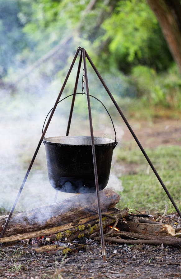 Tourist Pot Hanging Over the Fire on a Tripod Stock Image - Image of ...