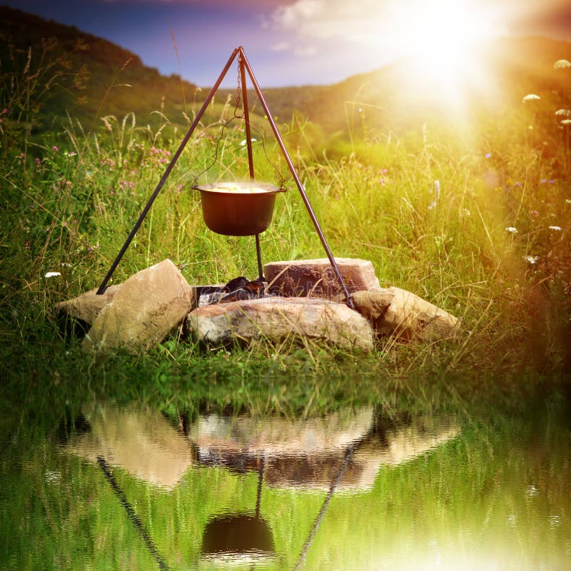 Tourist Pot Hanging Over the Fire on a Tripod Stock Image - Image of ...
