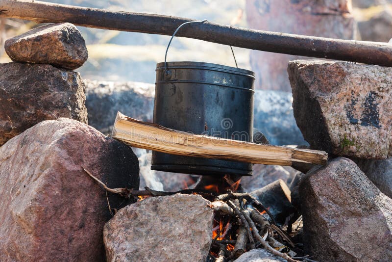 Tourist pot over the fire stock image. Image of fire - 91978955