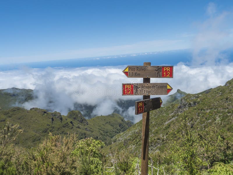 Tourist Signpost at Hiking Trail PR1.2 To Pico Ruivo the Highest Peak ... Tourist Signpost at Hiking Trail PR1.2 To Pico Ruivo the Highest Peak ...