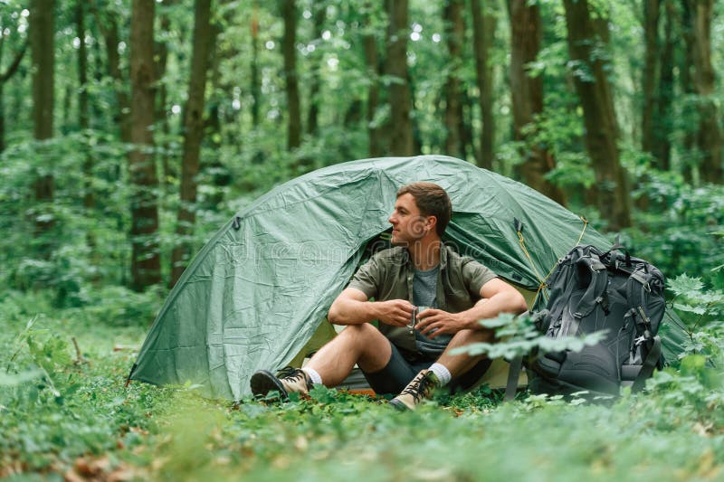 Tourist in Summer Forest. Conception of Exploration and Leisure Stock ...