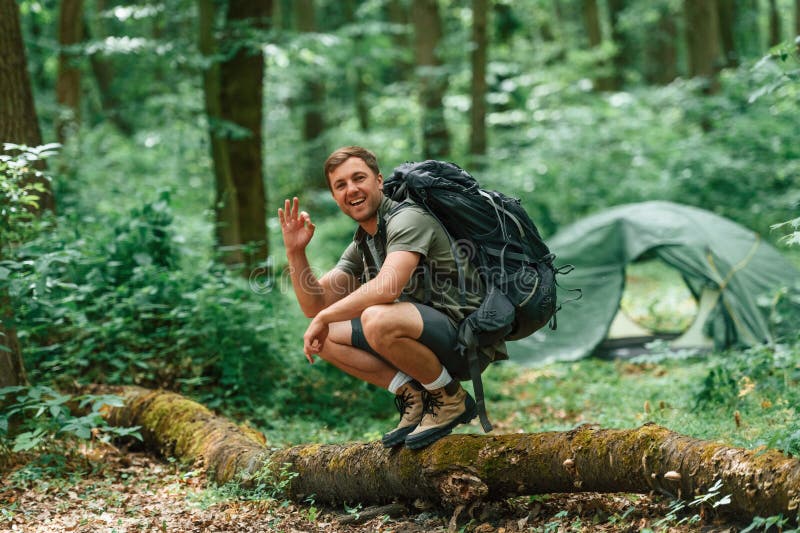 Tourist in Summer Forest. Conception of Exploration and Leisure Stock ...