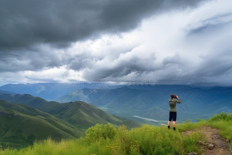 Tourist, Taking Picture of Mountain Range with Cloudy Skies Stock ...