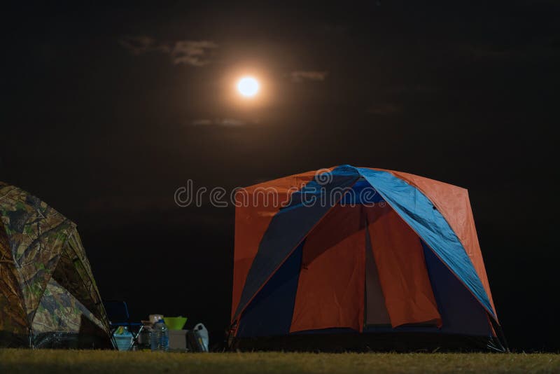 Tourist Tent in Camp among Meadow with Moon and Moonlight at Night ...