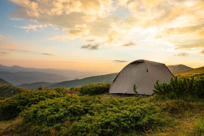 Tourist Tent in Sunset Mountains Stock Image - Image of backpacking ...