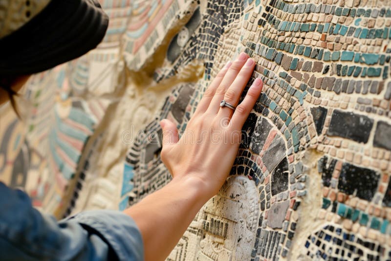 Tourist Touching the Texture of an Ancient Replica Mosaic Wall Stock ...